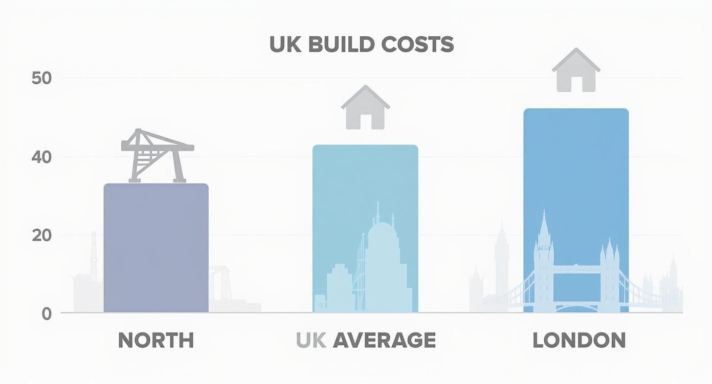 Bar chart illustrating UK build costs for North, UK Average, and London ...