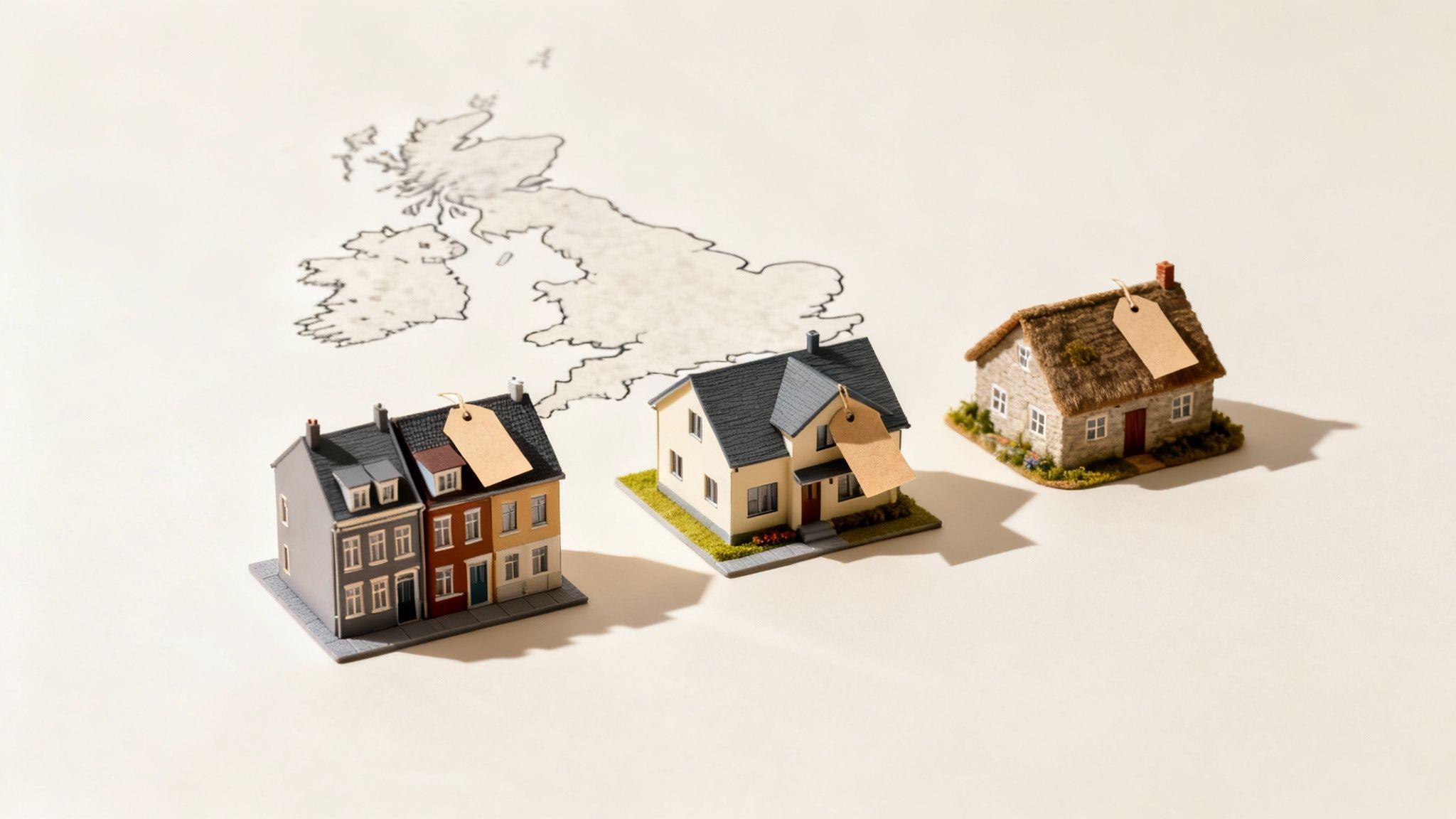 Three miniature houses with blank price tags placed on a textured ...