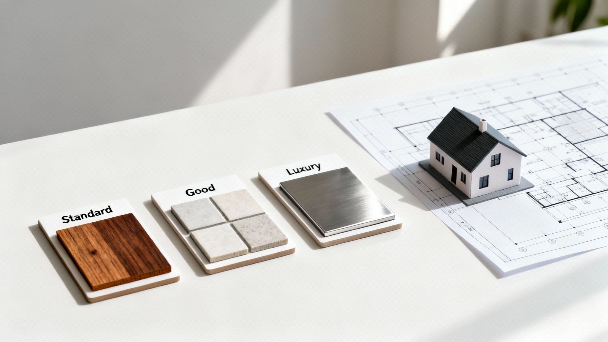 Material samples labeled 'Standard', 'Good', 'Luxury' next to a house ...