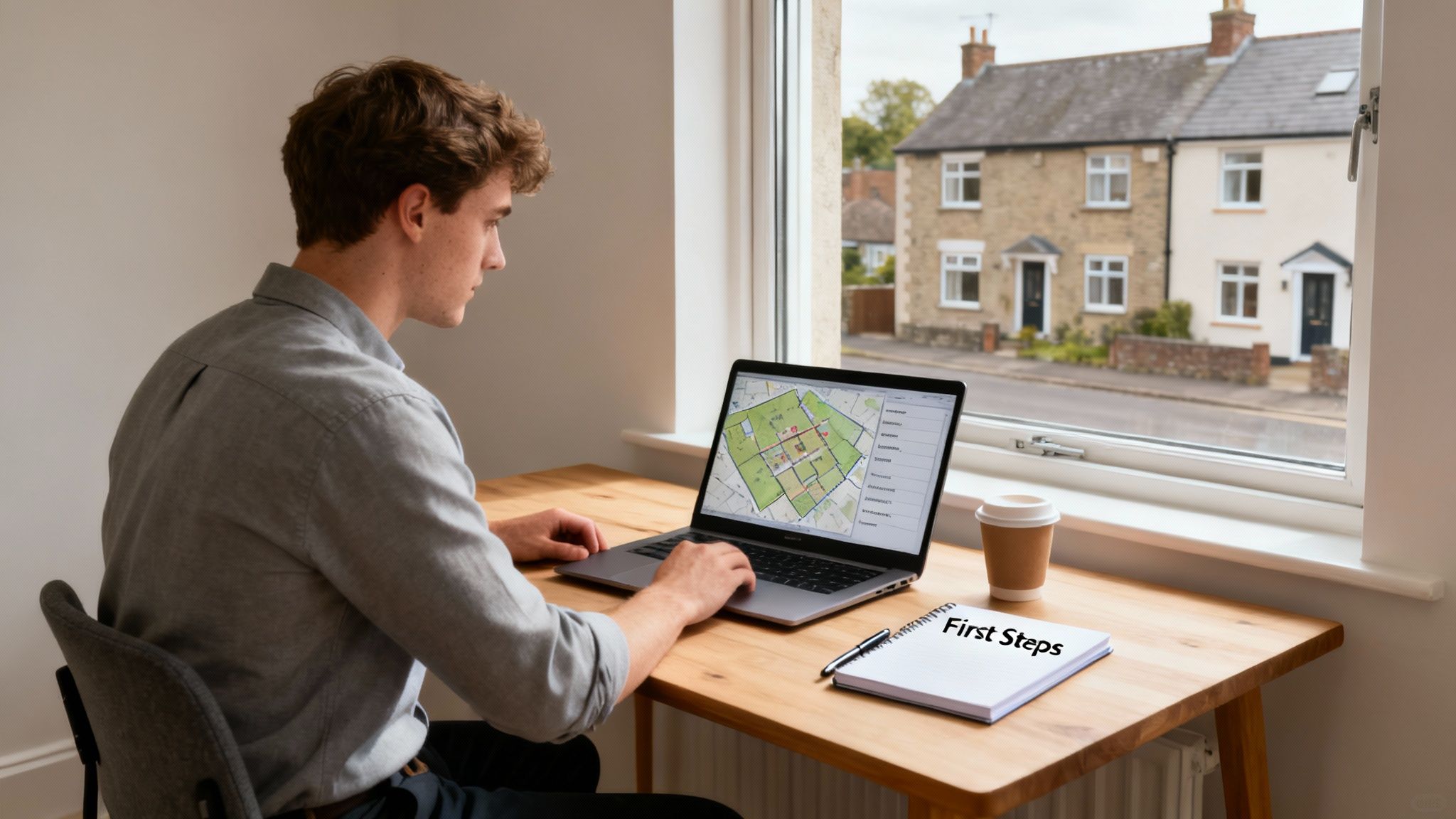 Young property developer analyzing development site map on laptop by ...