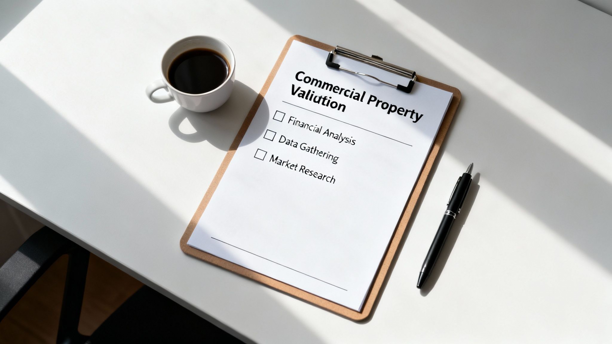 Clipboard with 'Commercial Property Valuation' checklist, coffee, and ...