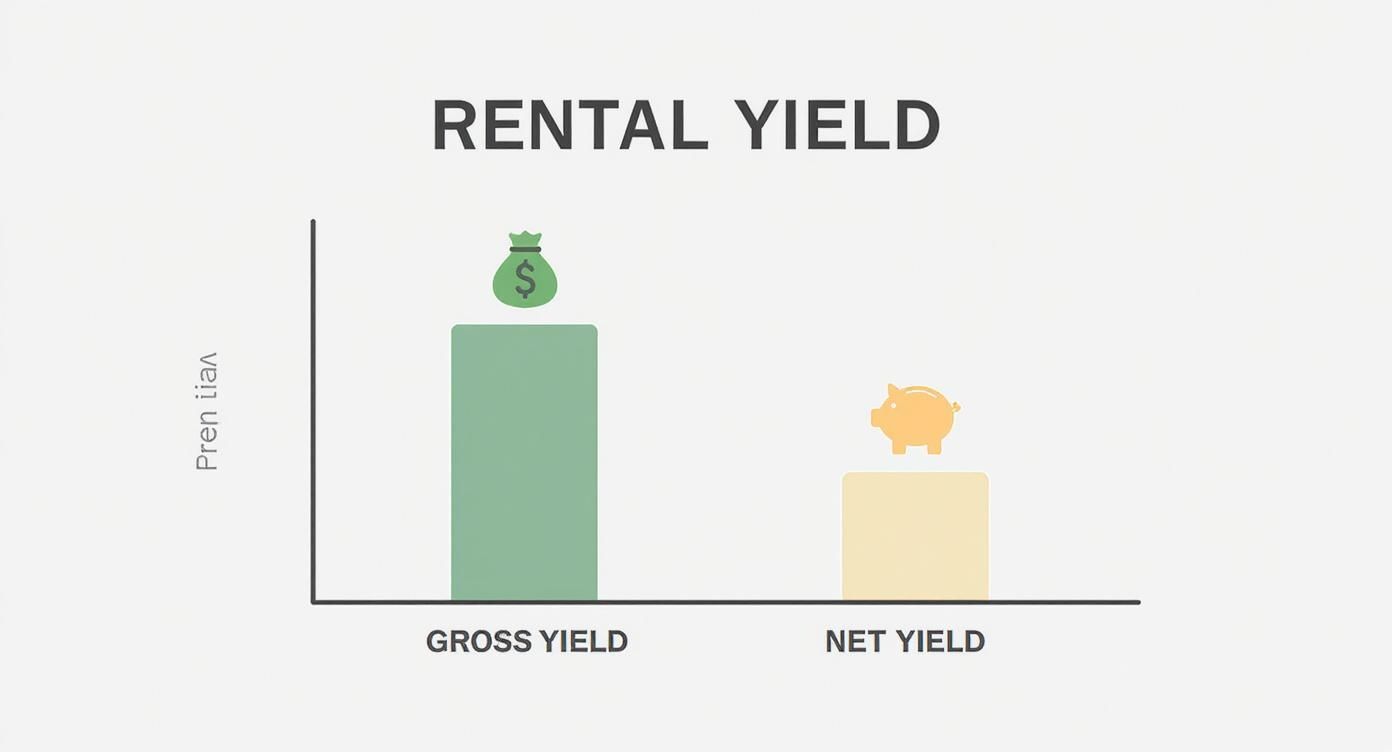 Infographic comparing gross and net rental yield with icons of a money ...